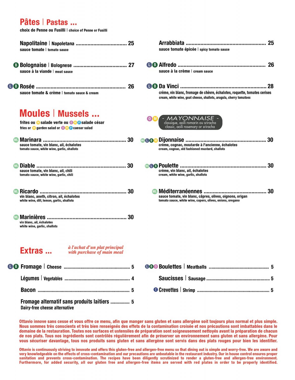Gluten-Free Menu | Ottavio | Montreal, Laval, Gatineau.