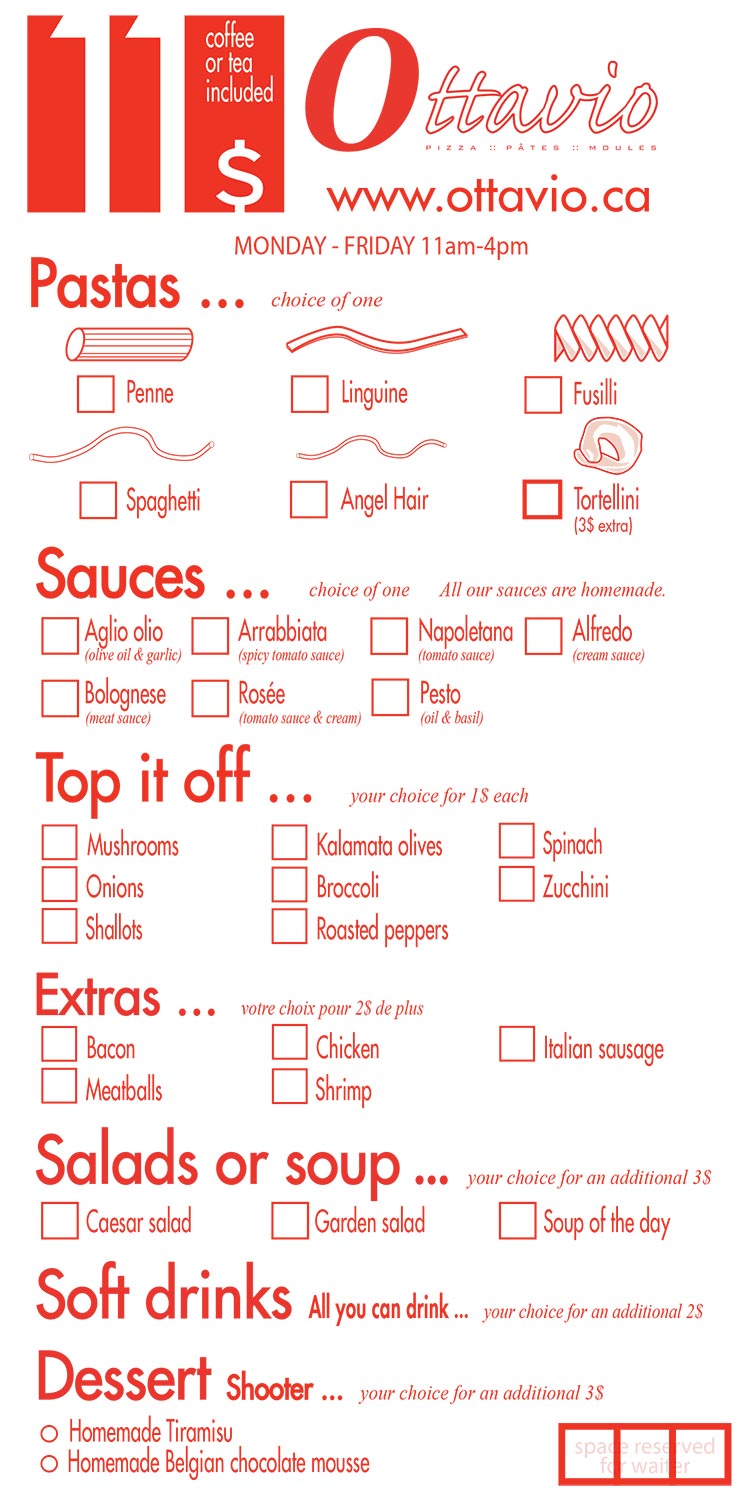 Lunch menu | Ottavio | Pizza, pasta, mussels restaurant.