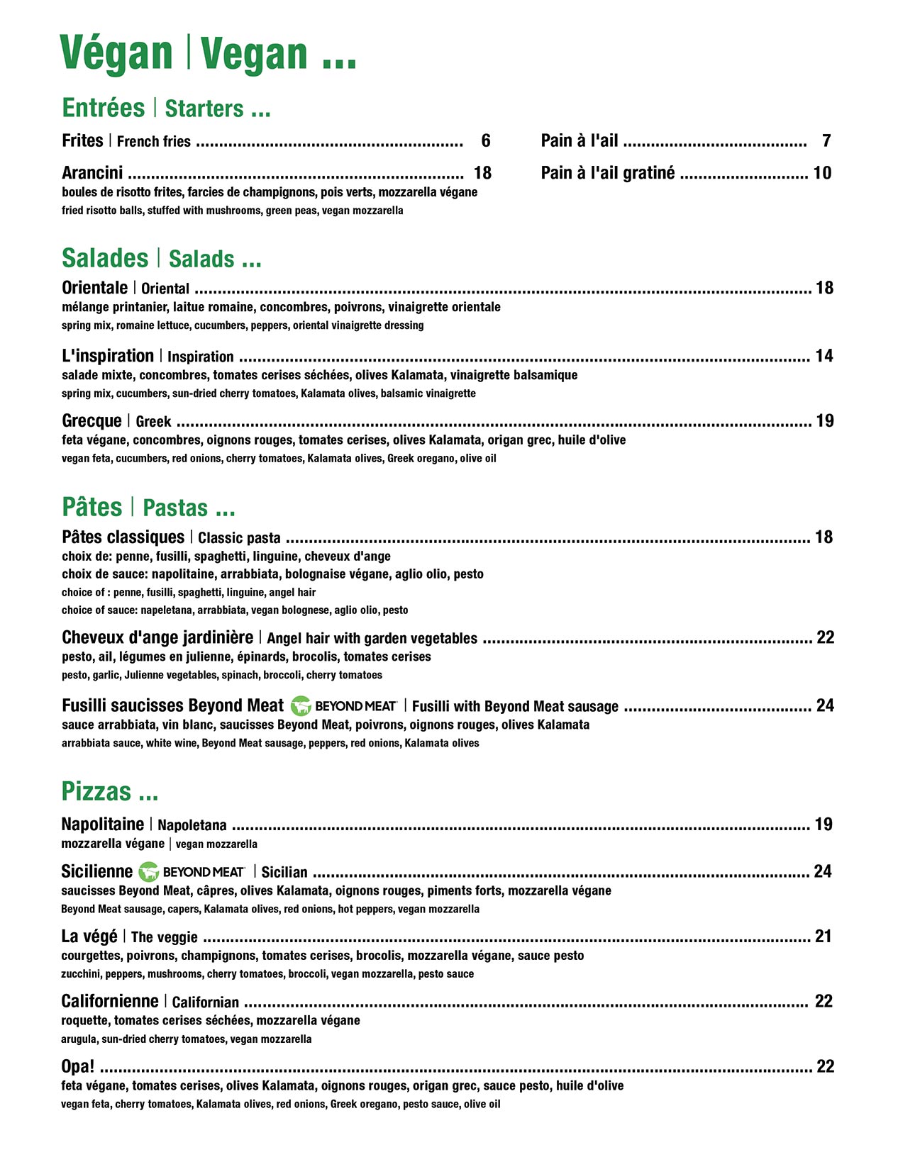 Menu Végan | Montréal, Laval, Gatineau. Ottavio