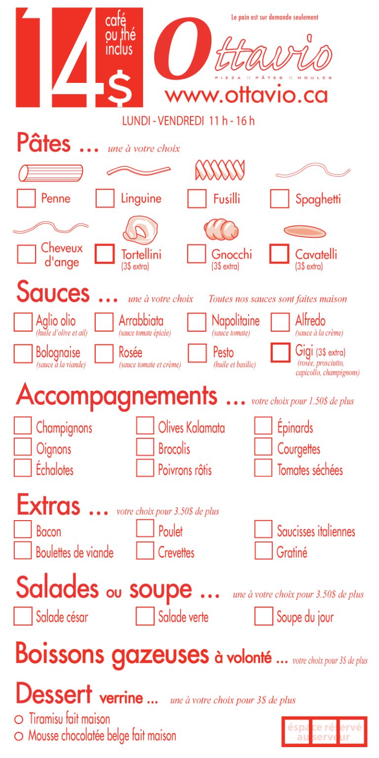 Lunch menu | Ottavio | Pizza, pasta, mussels restaurant.