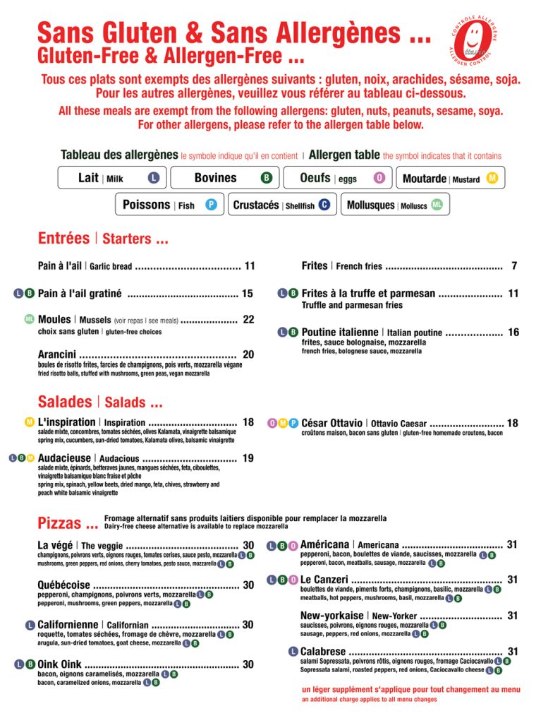Menu sans gluten | Ottavio | Pizza, pâtes, moules.